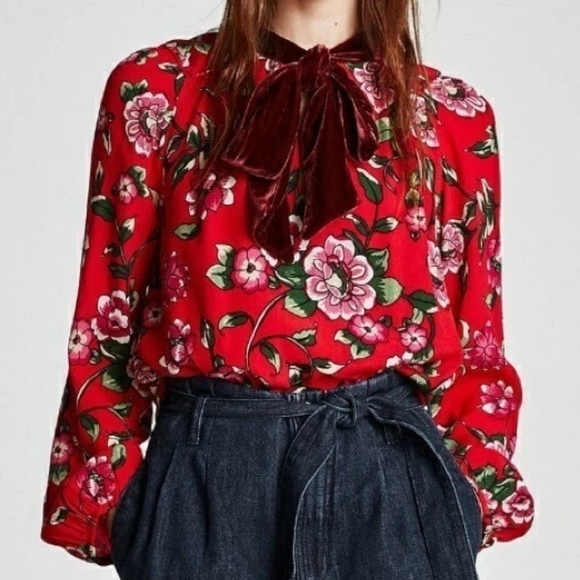 Zara | Tops | Zara Floral Printed Blouse Wtie | Poshmark